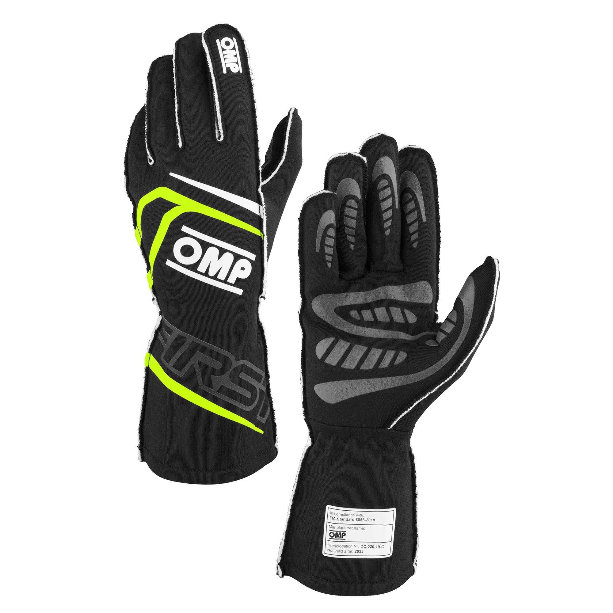 OMP RACING, INC. FIRST GLOVES FIA 8856-20 18 MY2025 BLACK / FLUO Y IB0 ...